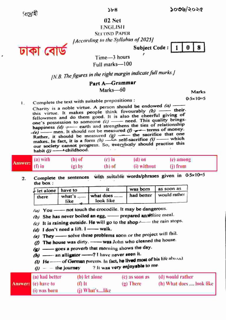 Dhaka Board HSC 2025 English 2nd Paper Solution PDF - Written Result BD